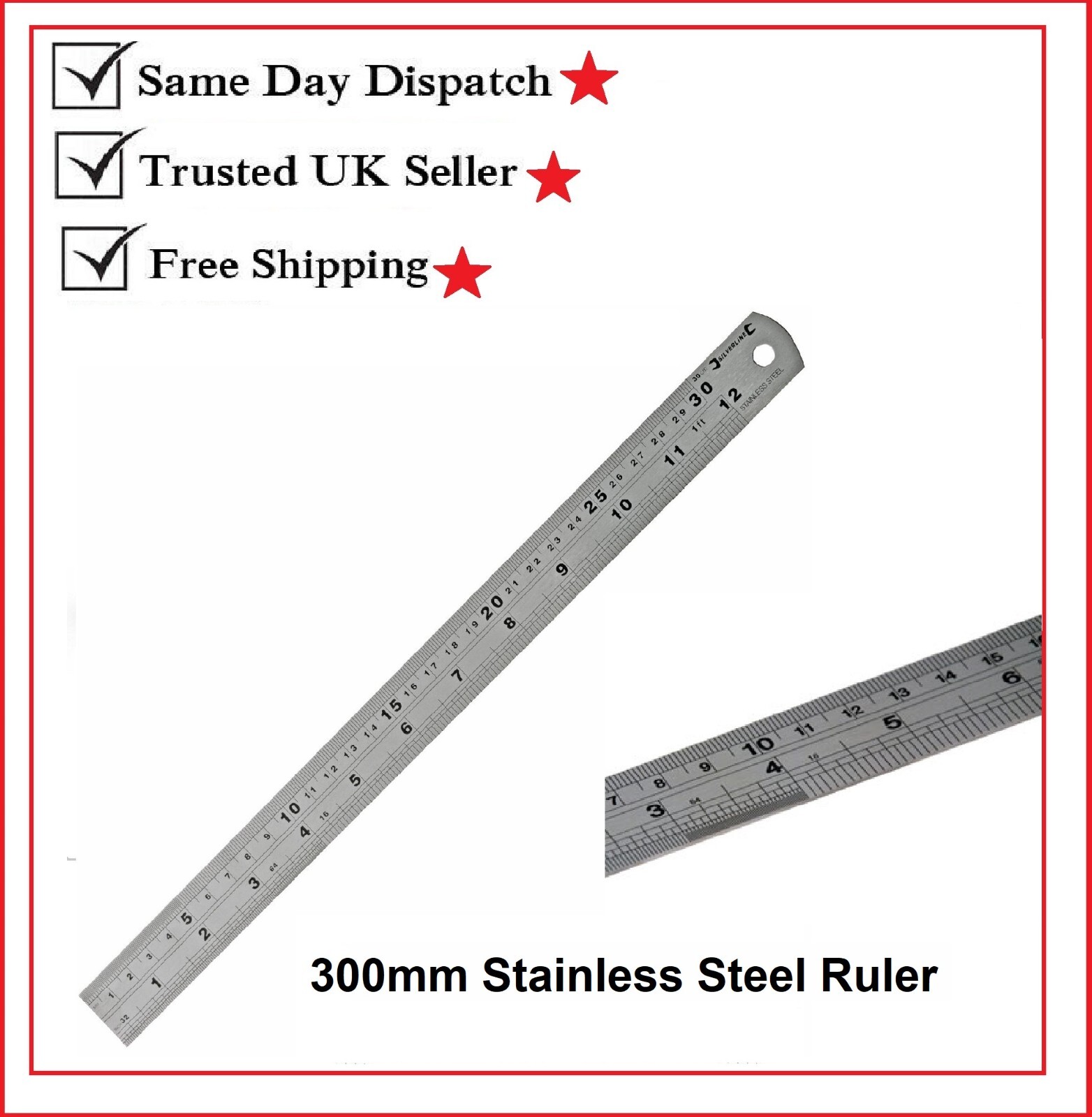 12" 300mm Steel Ruler Rule Metric And Imperial Ruler Measuring ...