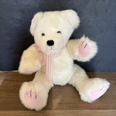 PBC Plush Stuffed Animal White Bear Pink Ribbon Moveable Poseable Arm ...