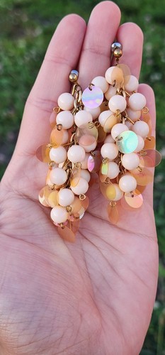 Pierced Earrings Vtg Acrylic Dangles Peach Pink Disc Beaded Clusters ...