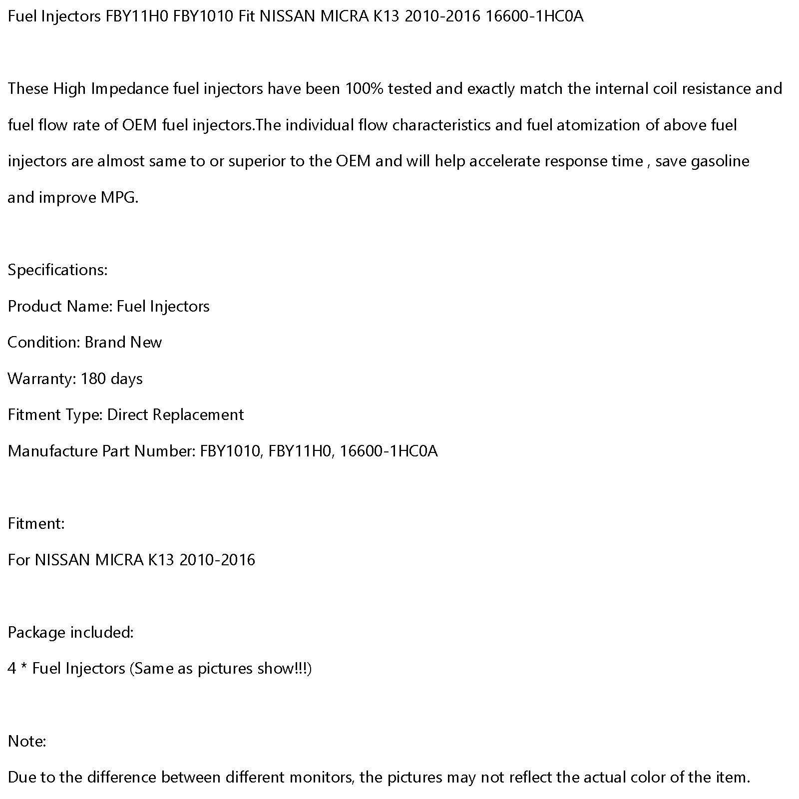 4PCS Fuel Injectors FBY11H0 FBY1010 Pour NISSAN MICRA K13 2010-2016 ...