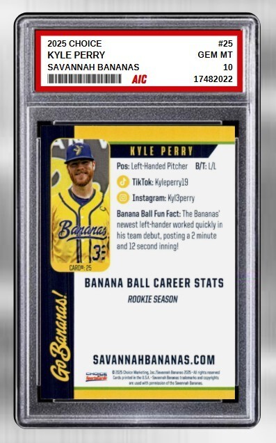 2025 Kyle Perry Rookie Card #25 Savannah Bananas Baseball MINT Graded ...