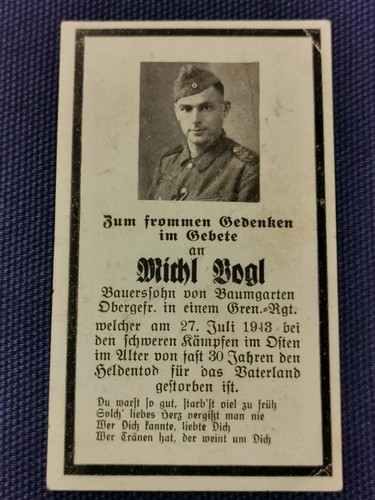 Sterbebild death card Vogl Michl Baumgarten Obergefreiter Gren Rgt ...