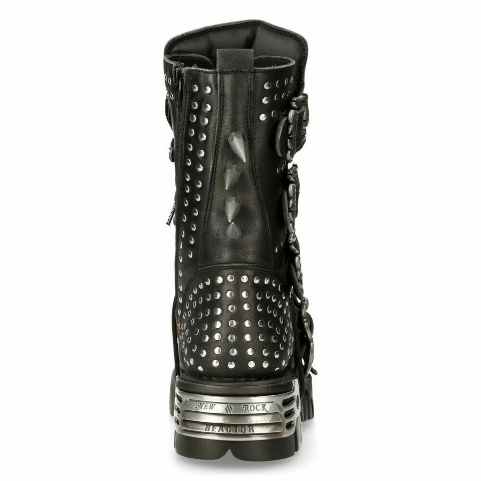 New Rock Boots 1535-S1 Unisex Metallic Black Leather Goth Studded Spike ...