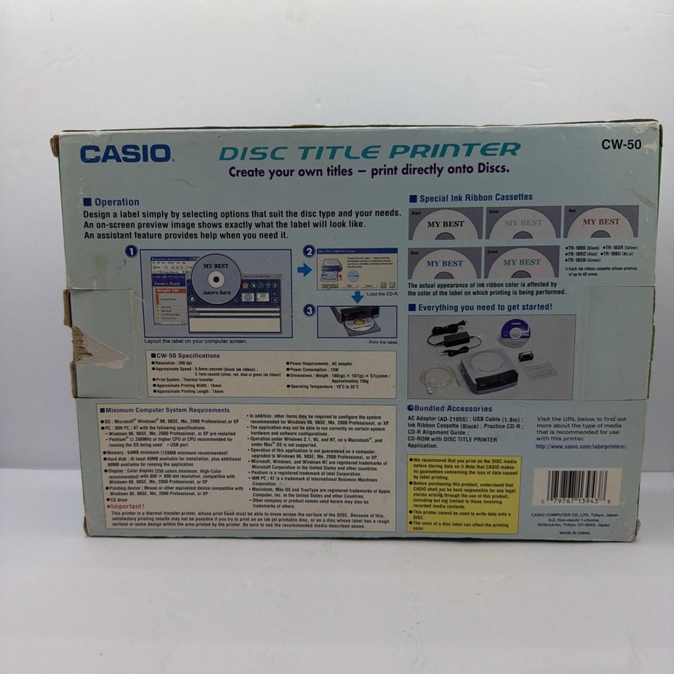 Casio CW-50 CD/DVD Thermal Disc Title Printer Print Directly onto Discs ...