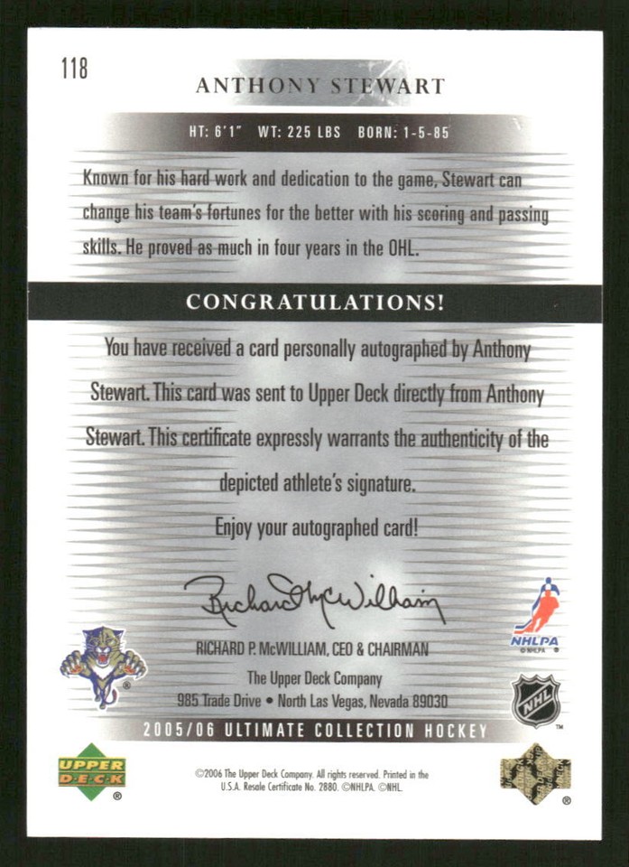 2005-06 Upper Deck Ultimate Collection Anthony Stewart Auto #118 Card ...
