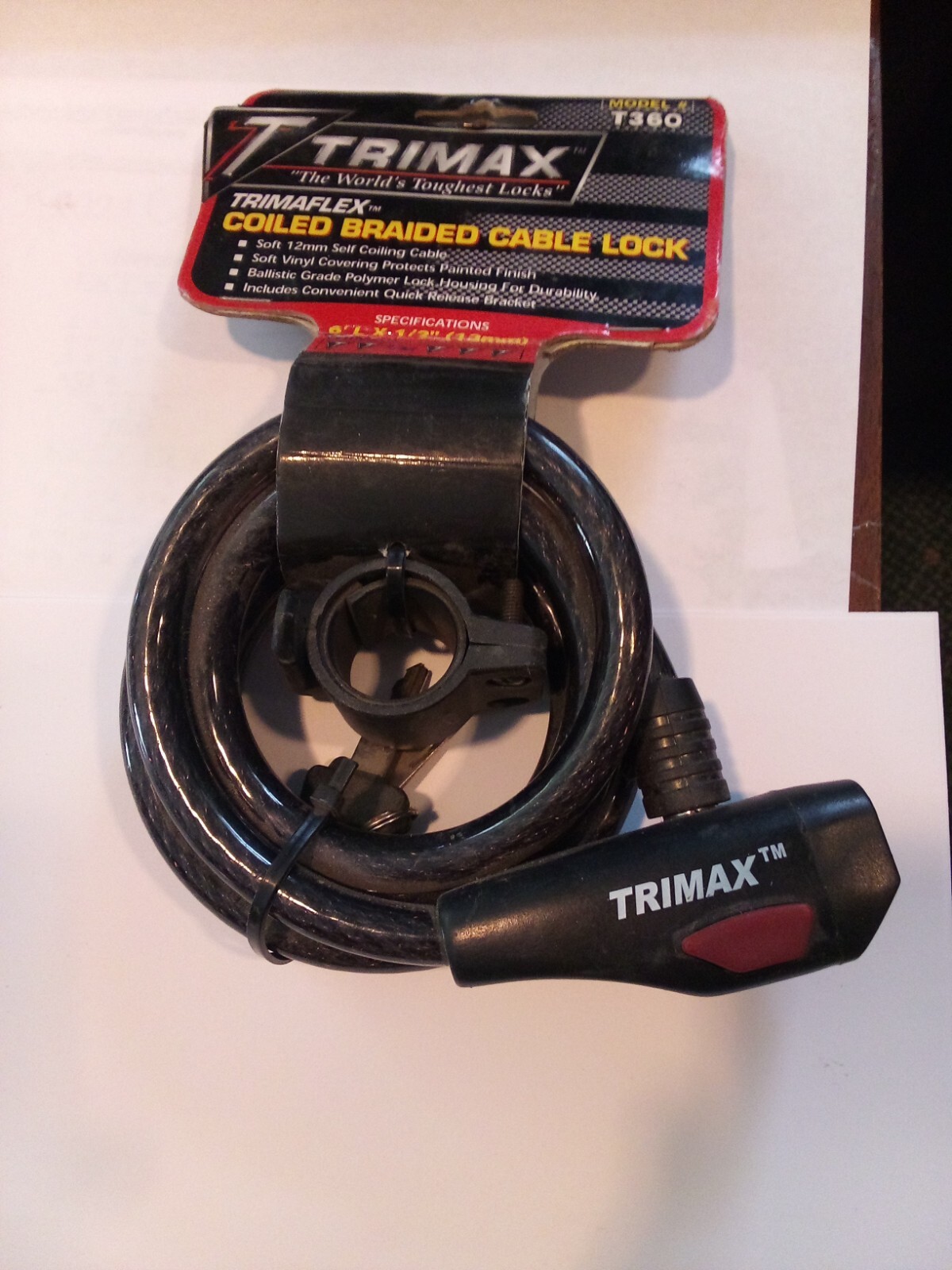 TRIMAX COILED BRAIDED CABLE LOCK MODEL T360, 6' X 1/2" (12MM) AND KEYS ...
