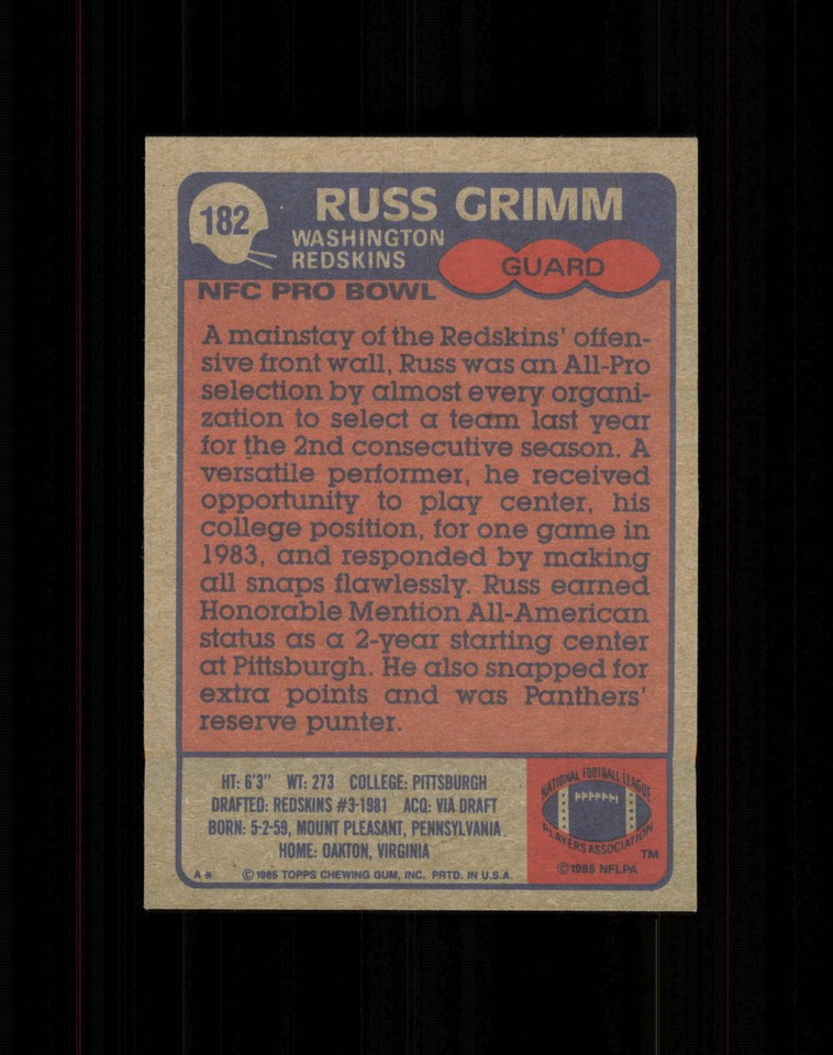 1985 Topps Football #182 Russ Grimm Washington Redskins | eBay
