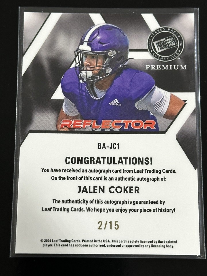 JALEN COKER 2024 Press Pass 2/15 Purple Reflector Auto RC Carolina ...