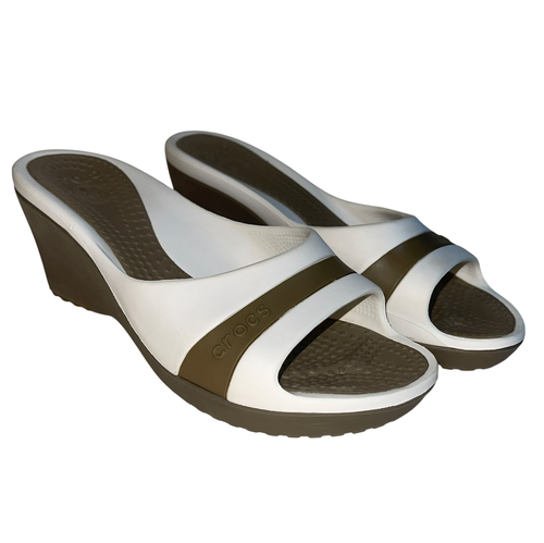 Crocs Wedge Heel Sandal Sassari Brown Tan White Open Toe Slip On Shoes ...