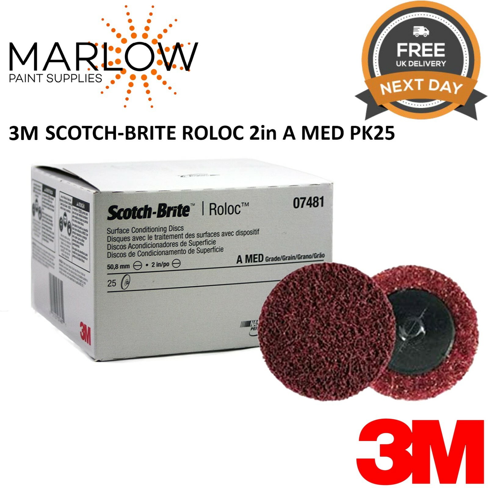 3M 07481 50mm Red Roloc Medium Conditioning Disc, PACK OF 25 - SCOTCH ...