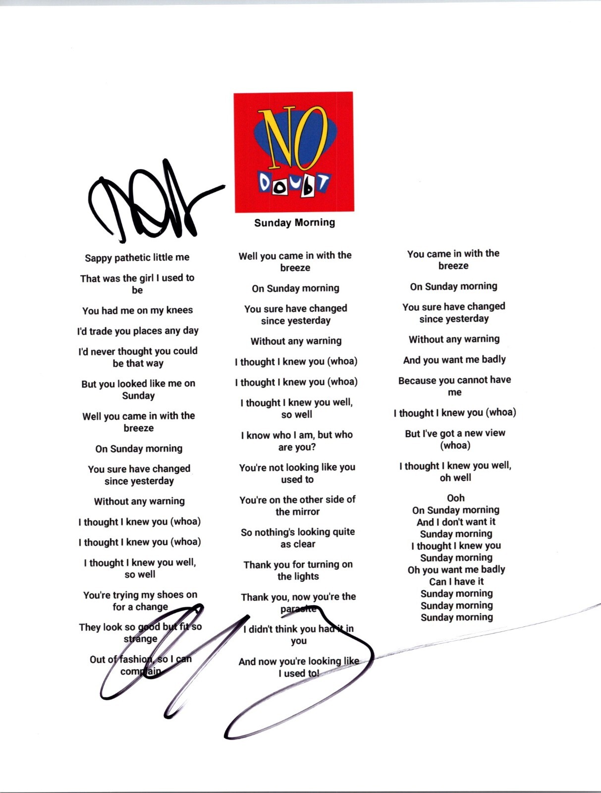 Tom Dumont & Adrian Young No Doubt Sunday Morning Signed Lyric Sheet ...