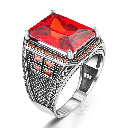 925 Sterling Silver Octogon Cut Red Cubic Zirconia Stone Men's Ring | eBay