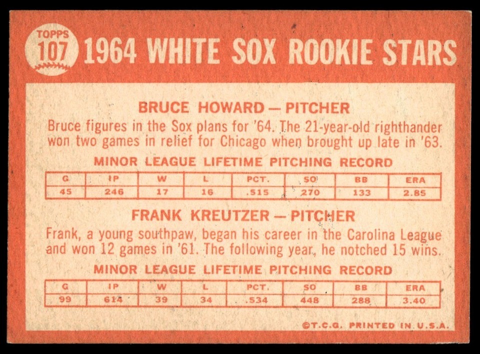 1964 Topps White Sox 1964 Rookie Stars Howard/Kreutzer Chicago White ...
