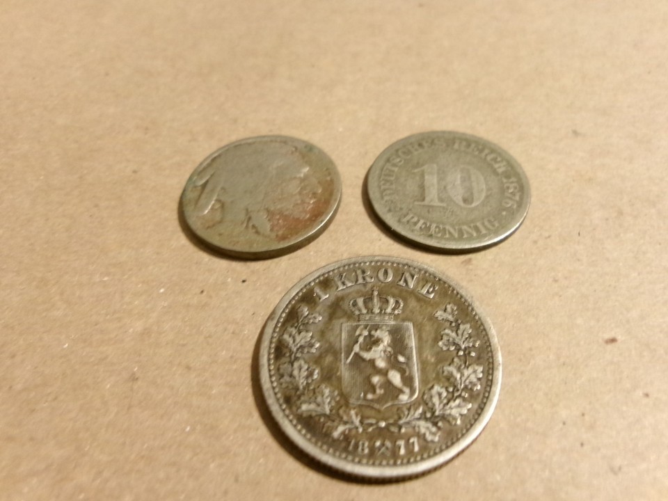 LOT 1 Norway Krone 1877 Silver Coin, 1 Buffalo Nickel, One 1876 ...