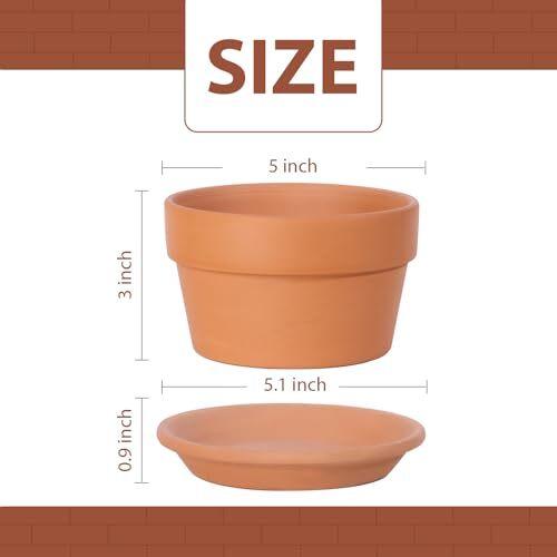 5 Inch Terracotta Shallow Pots Set with Saucer - Ceramic Clay Pots with ...