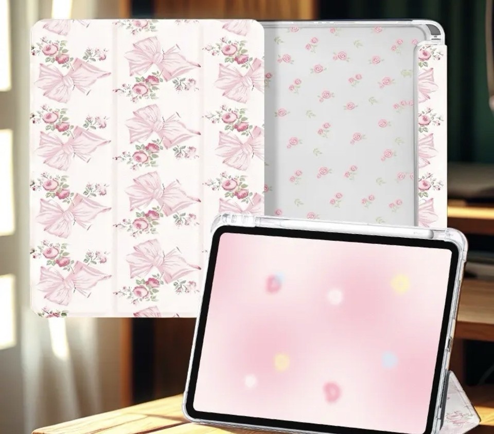 Pink Floral Bow iPad Case – Coquette Cottagecore Cover Fits All iPad ...