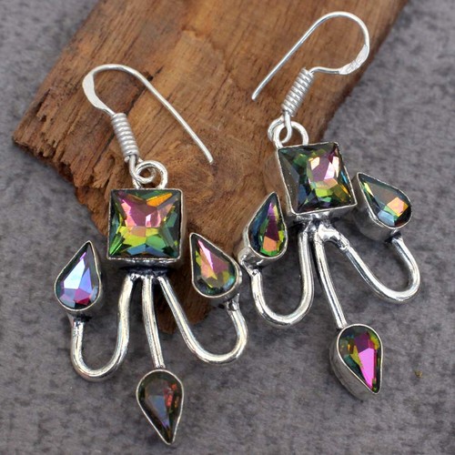 Rainbow Mystic Topaz Faceted 925 Silver Plated Earrings 2" AU d256 ...