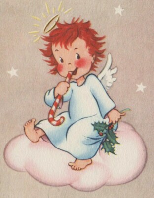 VTG CHRISTMAS GREETING ANGEL EATING CANDY CANE ON CLOUD CARD UNUSED ...
