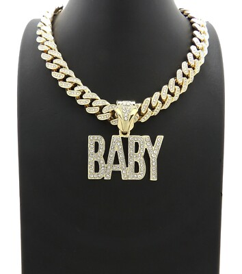 Hip Hop Gold Plated Lil BABY Pendant & Iced Box Lock Cuban Chain Bling ...