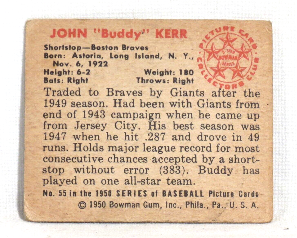 1950 Bowman #55 Buddy Kerr - VG+ - Boston Braves | eBay