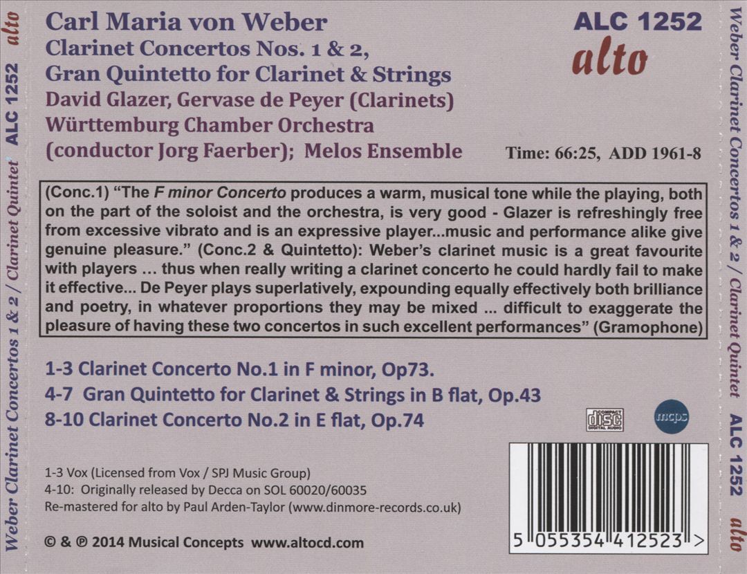 DAVID GLAZER / GERVASE DE PEYER WEBER: CLARINET CONCERTOS NOS. 1 & 2 ...