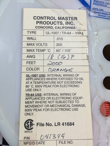 Anixter Wire 18 AWG, 1500ft, Color Orange, UL1007/tr-64-vw-1, UL-1007 ...