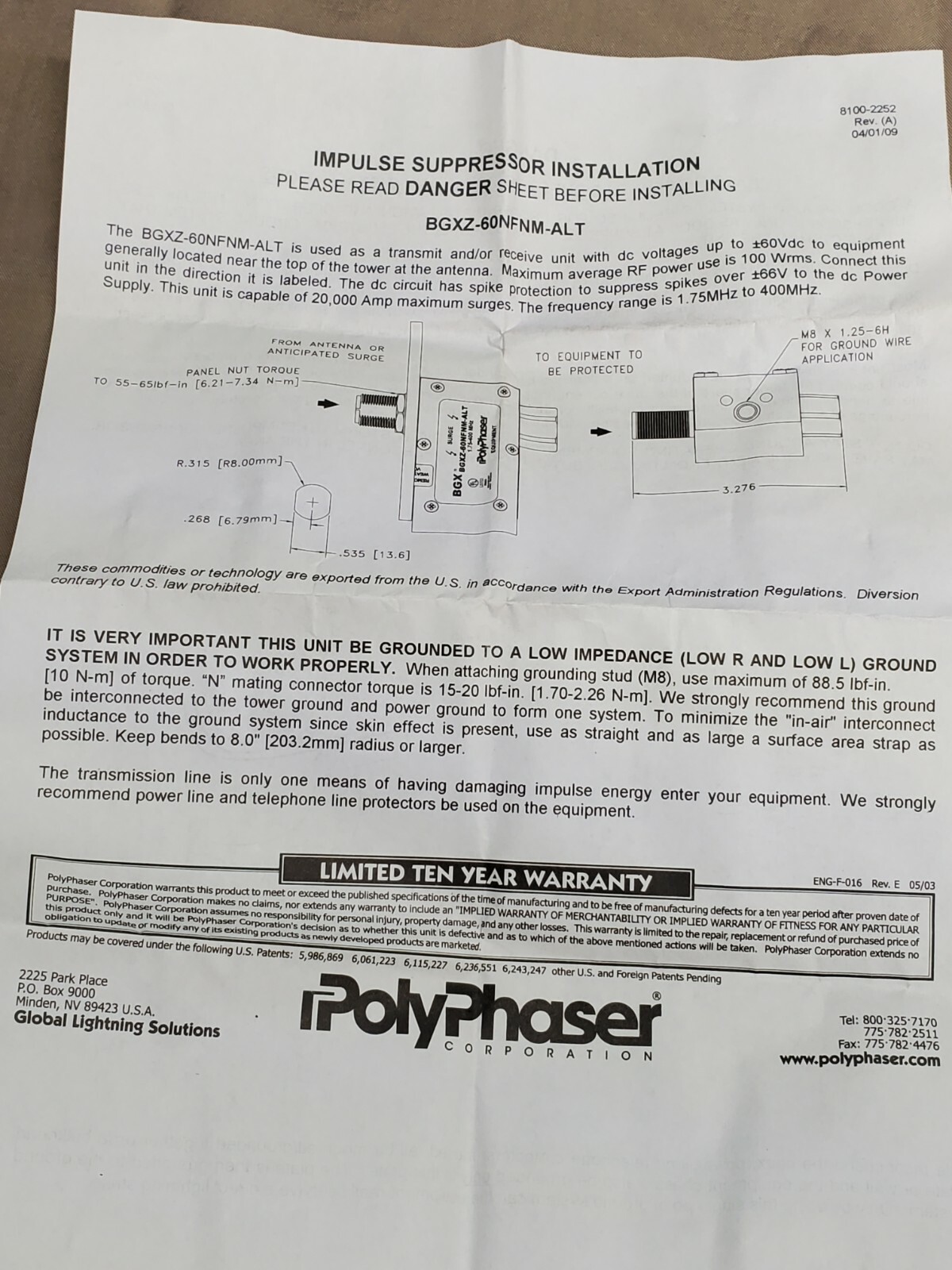 PolyPhaser BGXZ-60NFNM-ALT Type N F/M Coaxial RF Surge Protector for ...