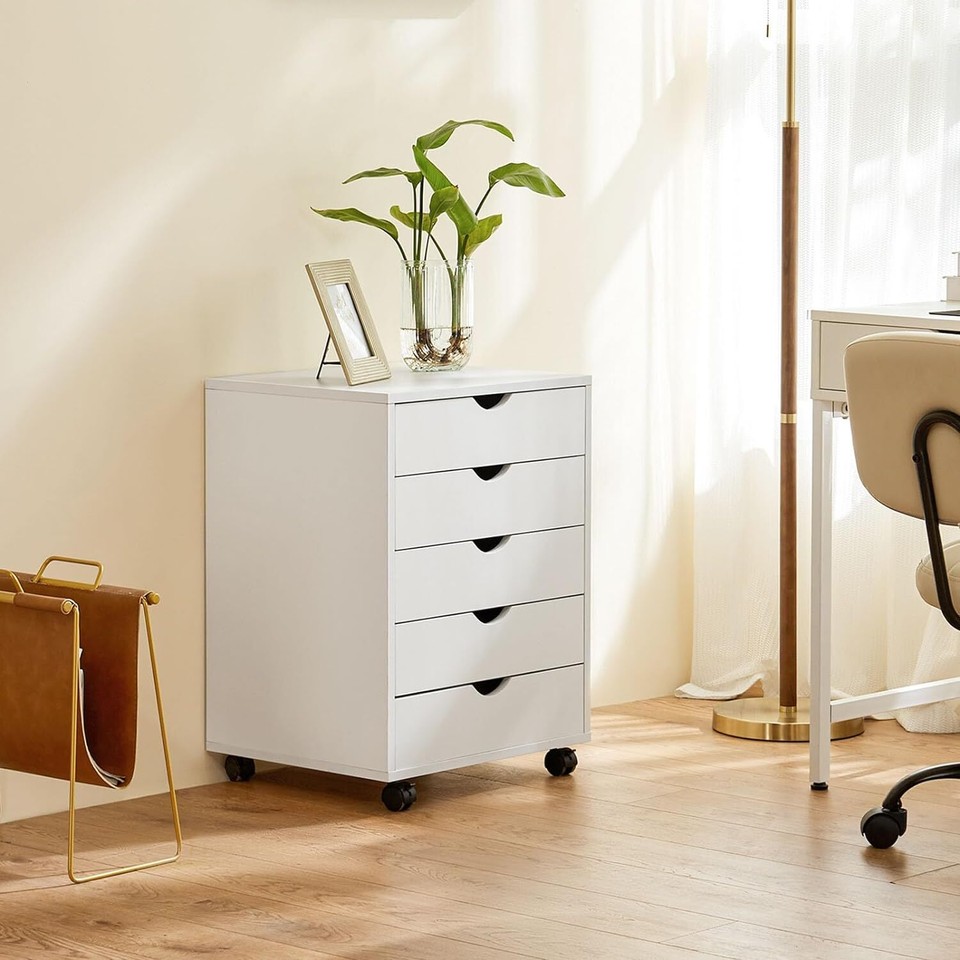 5 Drawers File Cabinet with Wheels Wood Mobile Organizer Storage Chest ...