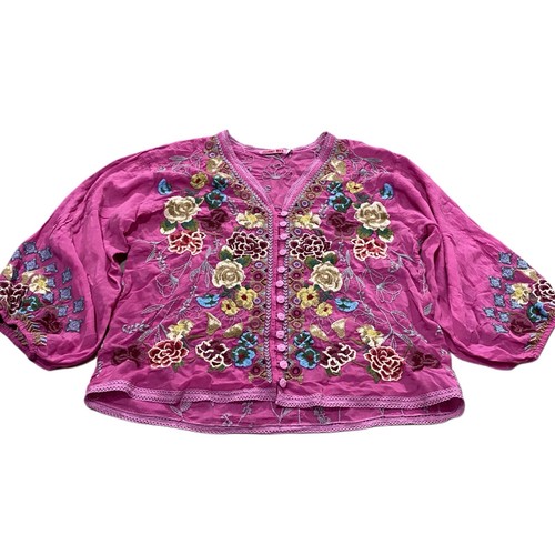 Johnny Was Boho Bohemian Floral Pratt Blouse Pink Embroidered Cupra ...
