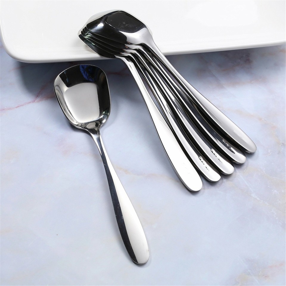 6pcs Stainless Steel Square Soup Spoon Dinner Spoon Flat Spoon Flatware ...