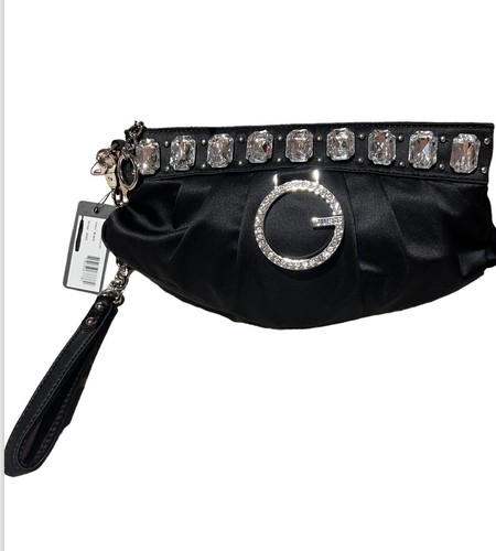 GUESS by Marciano Wristlet Evening Bag Black Satin Logo Rhinestones ...