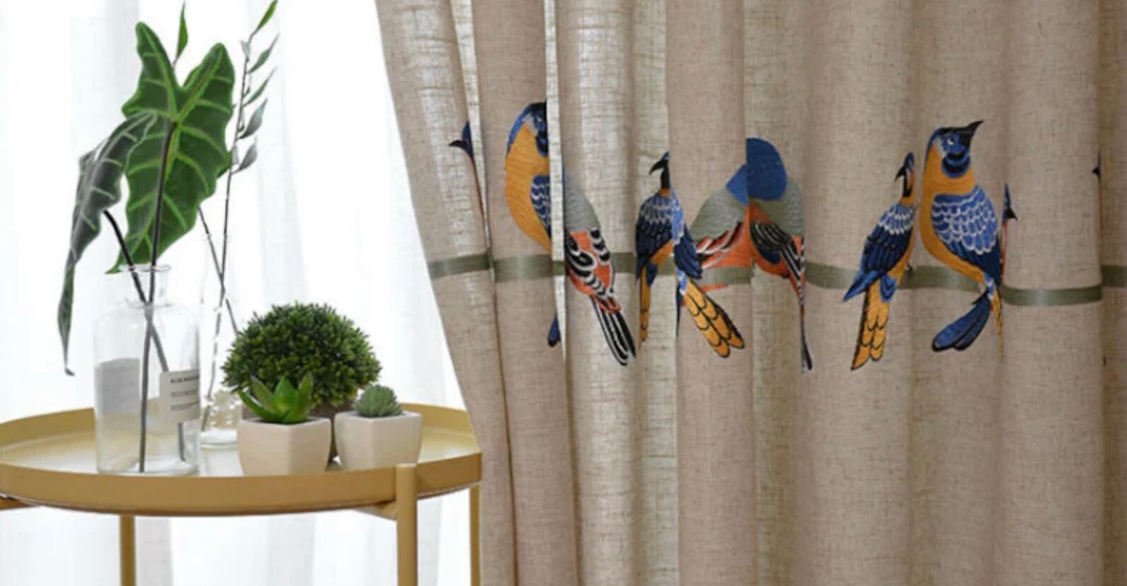 Handmade Pair of 53 Inches Drop Embroidered Bird Linen Curtain Set | eBay