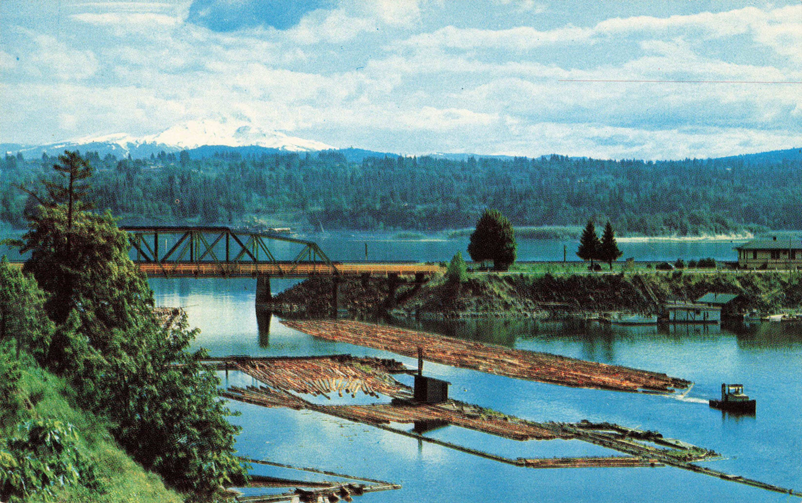 Postcard Washington Mighty Columbia River Log Rafts Lumber Mills Boat ...