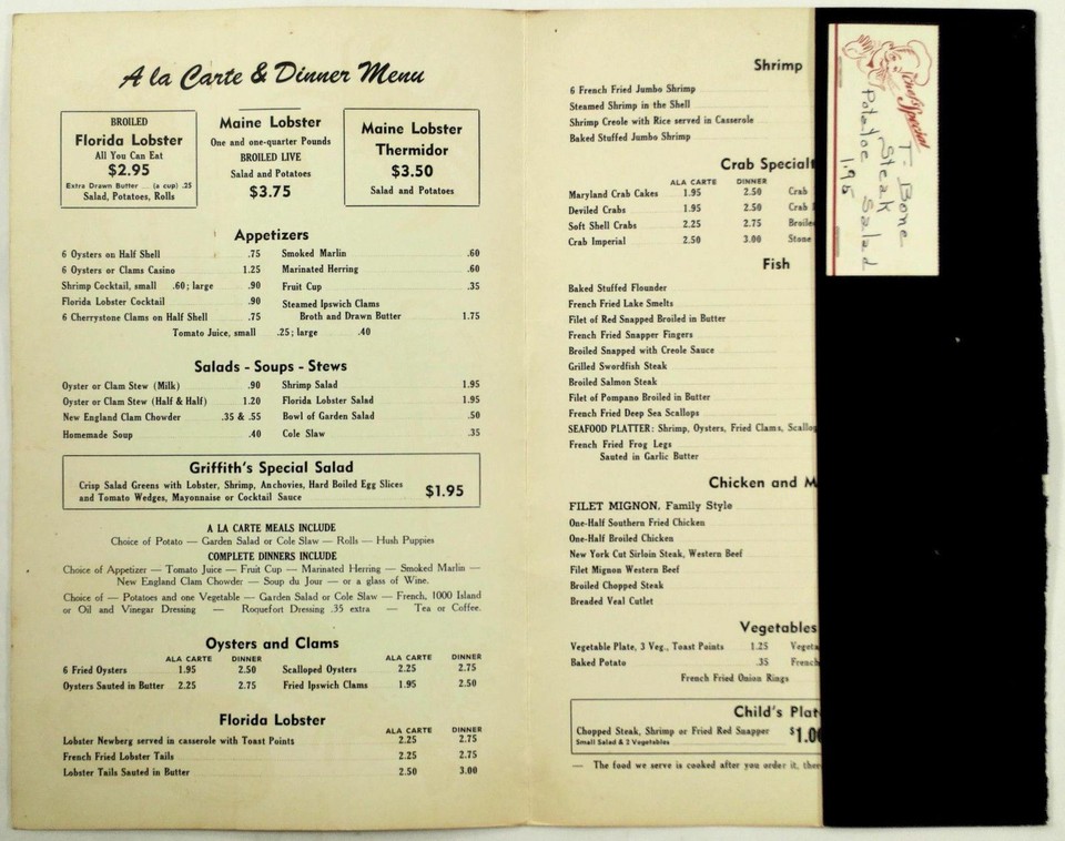Vintage Full Size Dinner Menu GRIFFITH'S RESTAURANT Fort Lauderdale ...