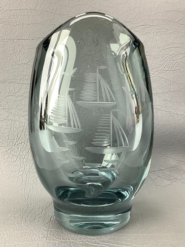 Mid Century Scandinavian Engraved Art Glass Etched Hand Cut Sail Boats ...