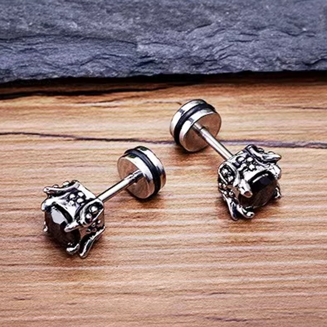 Mens Stainless Steel Black CZ Stud Earrings Punk Retro Dark Shadow ...