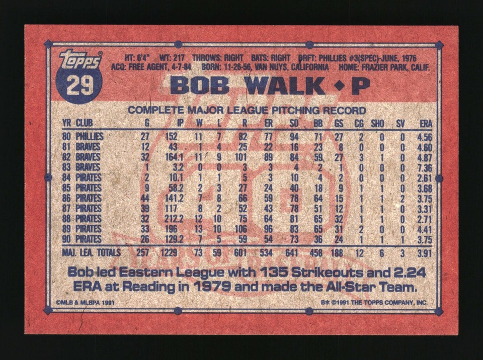 1991 Topps #29 Bob Walk NM | eBay