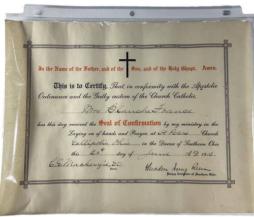 1913 Gallipolis Ohio Baptism Certificate St. Peter's Catholic Church ...