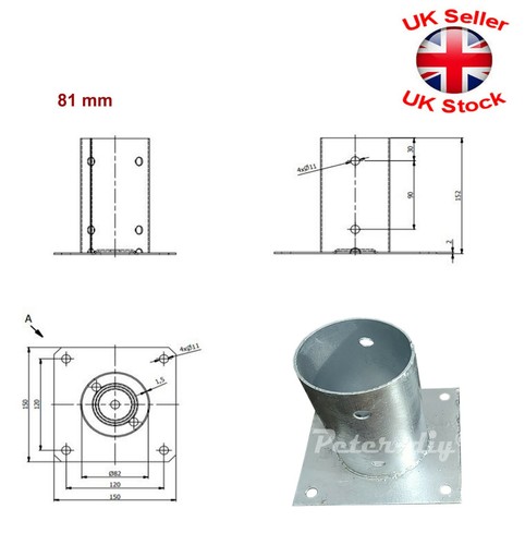 Heavy Duty Galvanised Bolt Down Circular Post Fence Foot 81mm-3.2" or ...