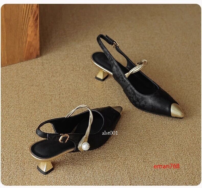 Women Chinese Style Pointed Toe Sandals Summer Kitten Heel Slingback ...