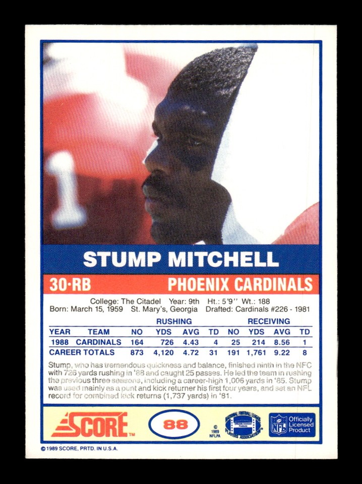 1989 Score #88 Stump Mitchell | eBay