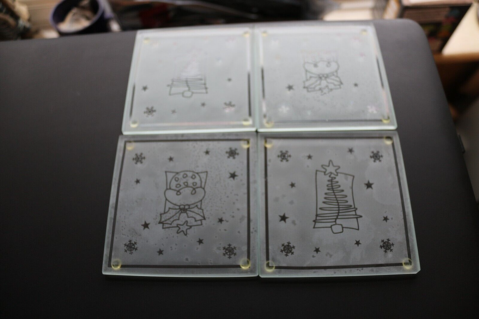 Set of 4 Frosted Glass Christmas Scene Coasters square Xmas Tiles ...