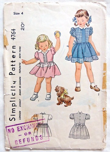 * Vintage Simplicity 4764 Little Girls Full Skirt Dress PATTERN 1943 sz ...