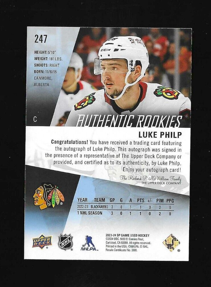 LUKE PHILP 2023-24 SP Game Used Authentic ROOKIES AUTO RC AUTOGRAPH ...