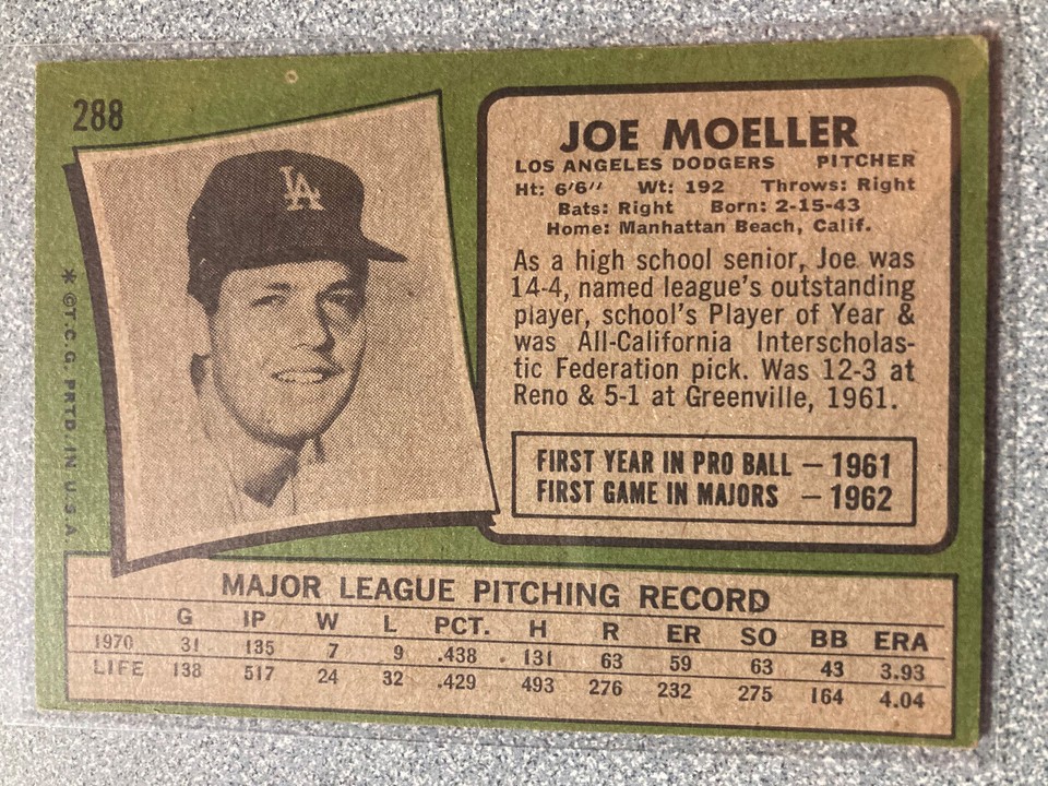 1971 Topps Joe Moeller #288 VG Los Angeles Dodgers (READ!) | eBay