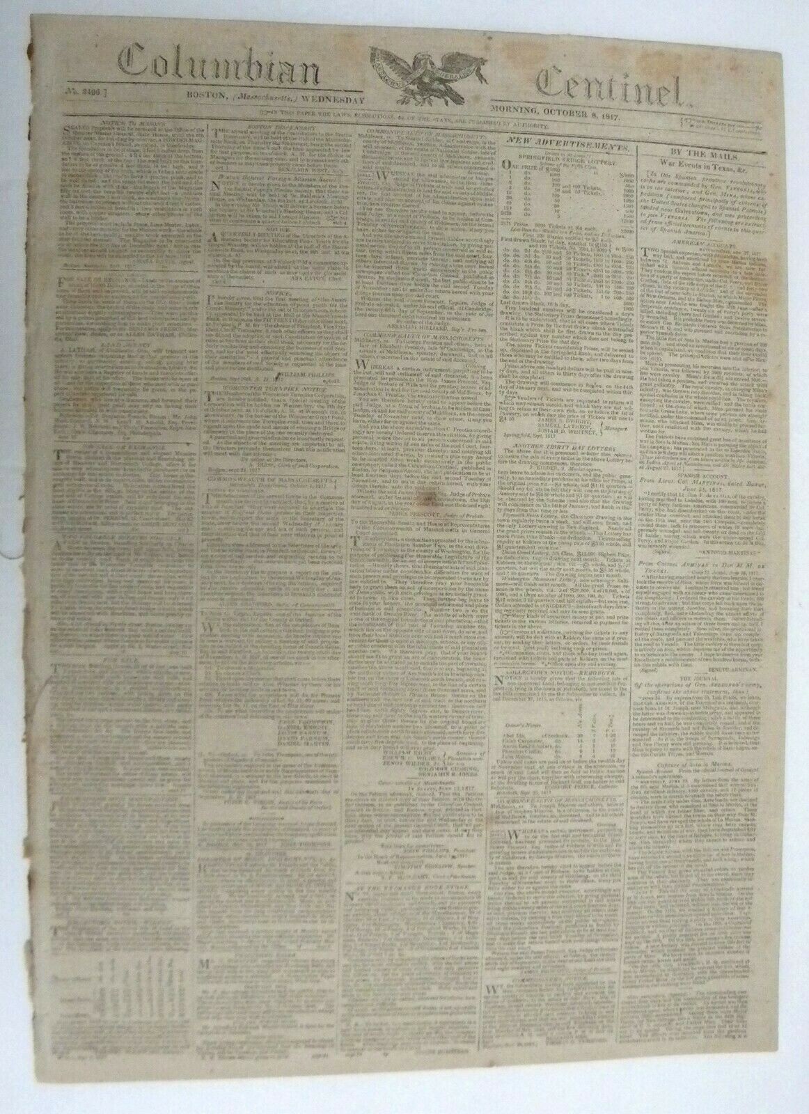 1817 THE COLUMBIAN CENTINEL Boston ~ War events in Texas | eBay