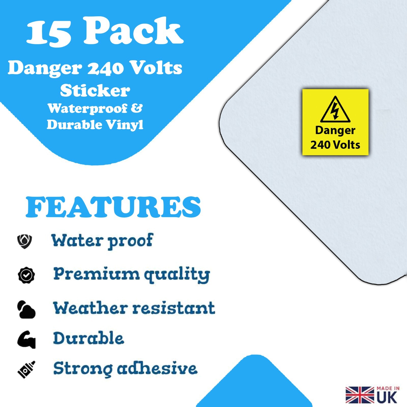 15-Pack Danger 240 Volts Sticker Signs -55mm x 55mm- Electrical Danger ...