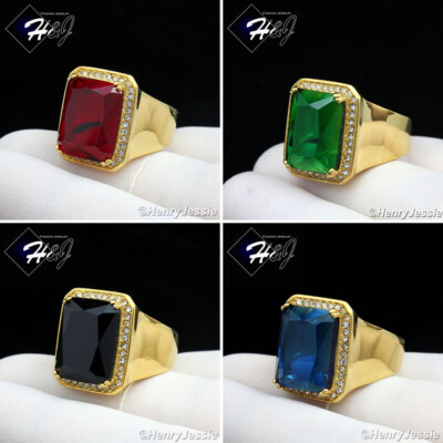 MEN's Stainless Steel Gold Plated Simulated Ruby/Green Rhinestone Ring ...