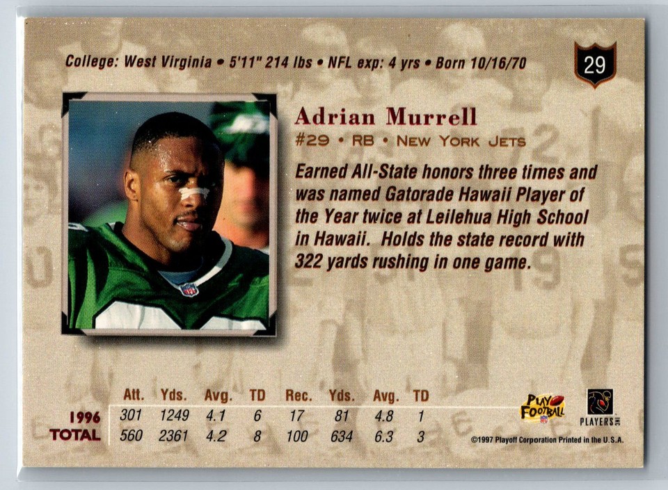 1997 Playoff Absolute Beginnings Adrian Murrell New York Jets #29 | eBay UK