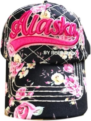 New Quality Vibrant Floral Alaska Ball Cap Hat, Black/Hot Pink, One ...